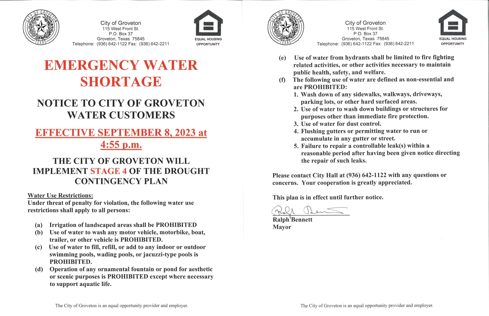 Notice to Implement Stage 4 of Drought Contingency Plan – City of Groveton, Trinity County, TX