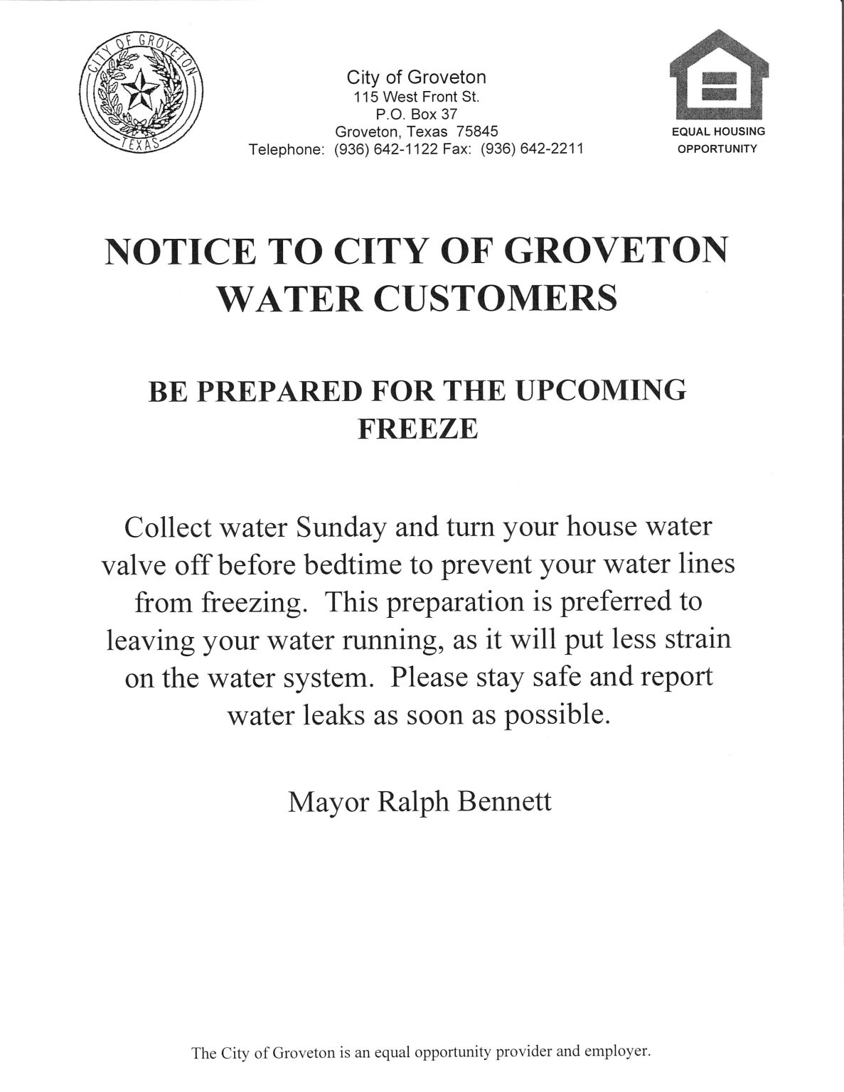 Notice to Water Customers – Prepare for Upcoming Freeze – City of ...